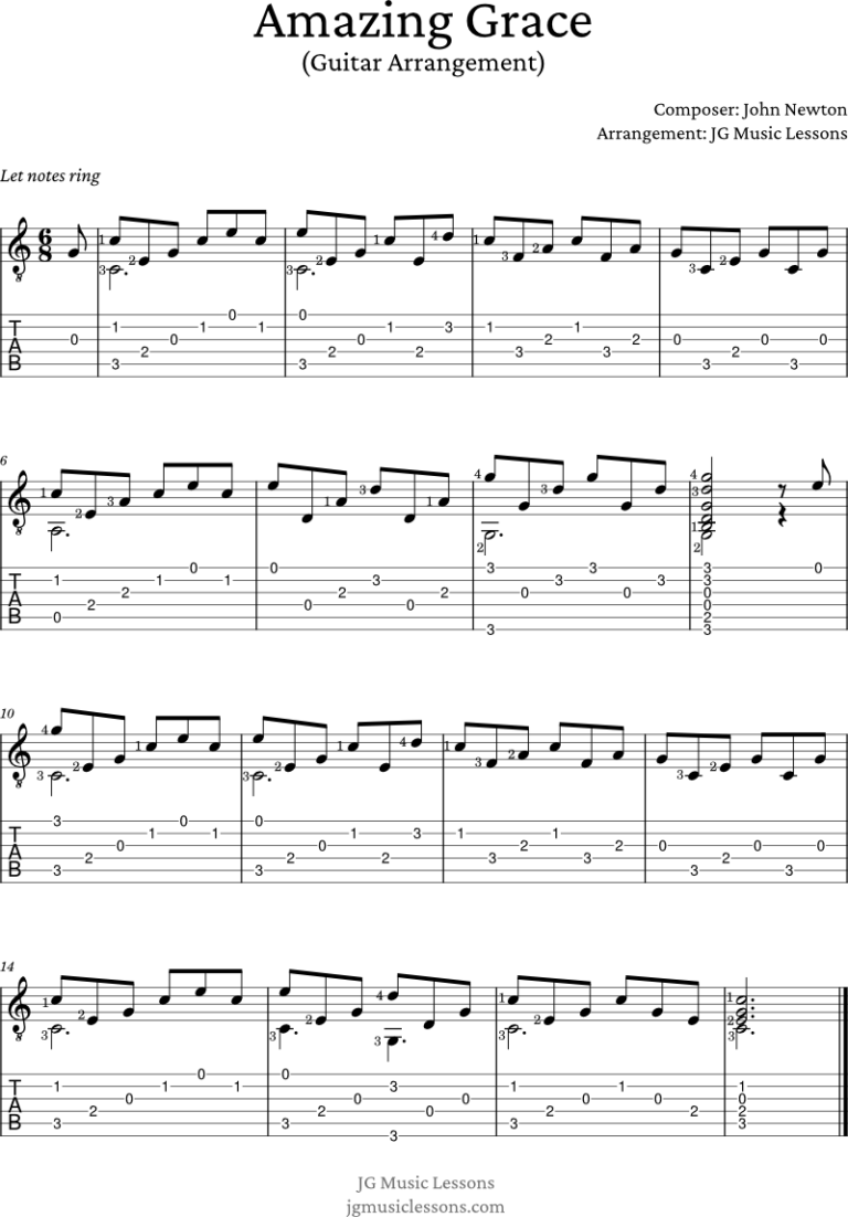 Amazing Grace guitar chords, tabs and fingerstyle arrangement - JG ...