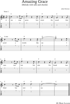 Amazing Grace (chords, melody with tabs and arrangement) - JG Music Lessons