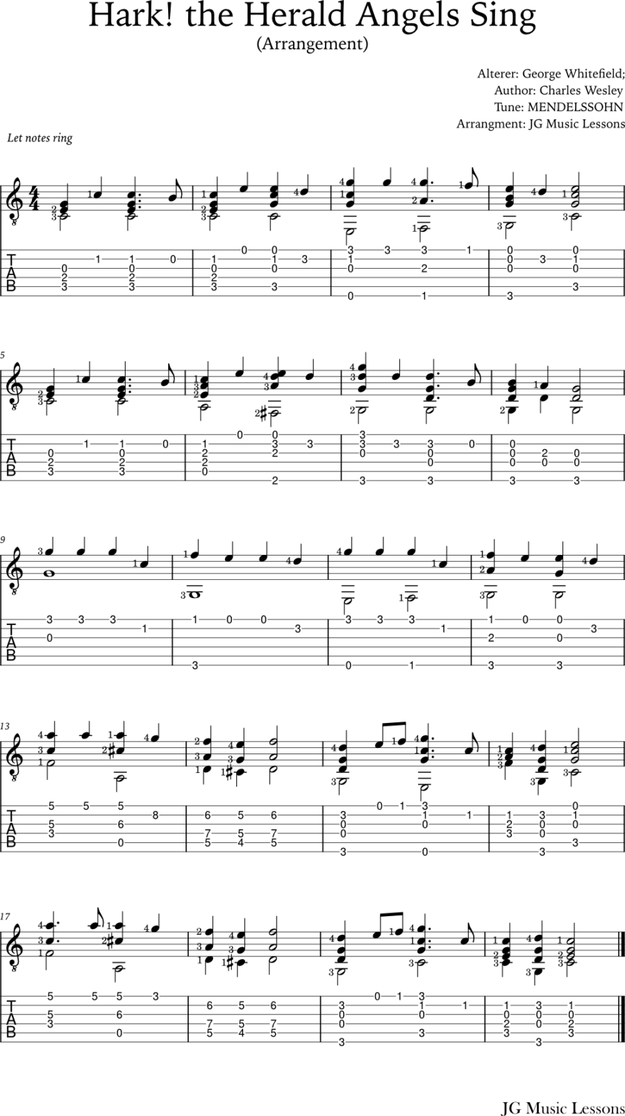 Hark the Herald Angels Sing (chords, melody with tabs and arrangement ...