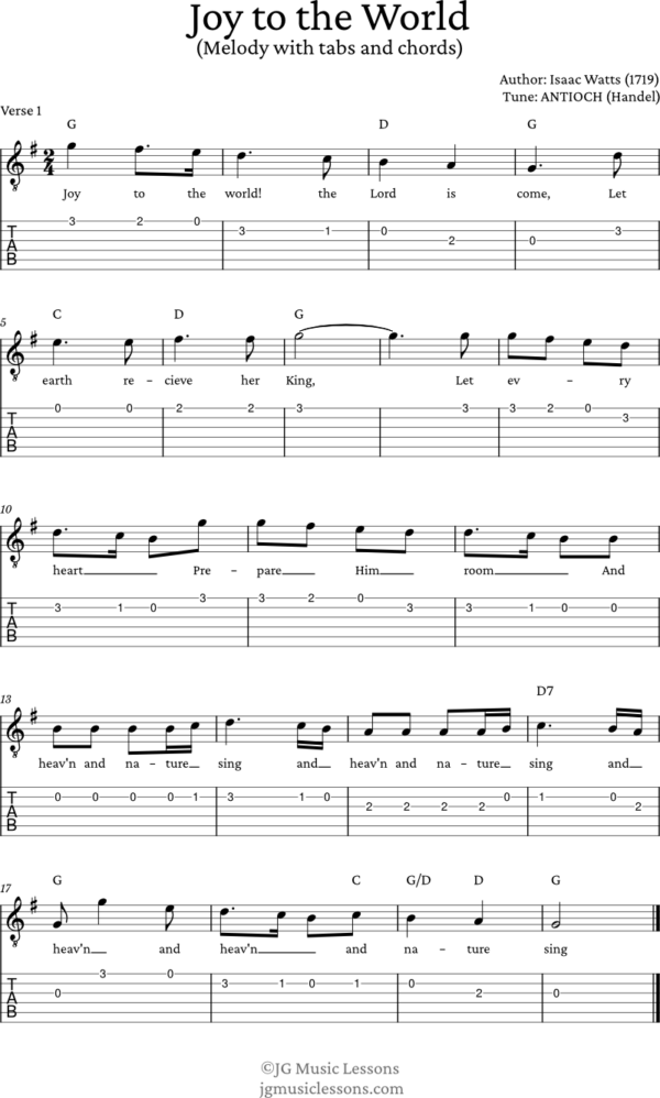 Joy to the World (chords, melody with tabs and arrangement) - JG Music ...