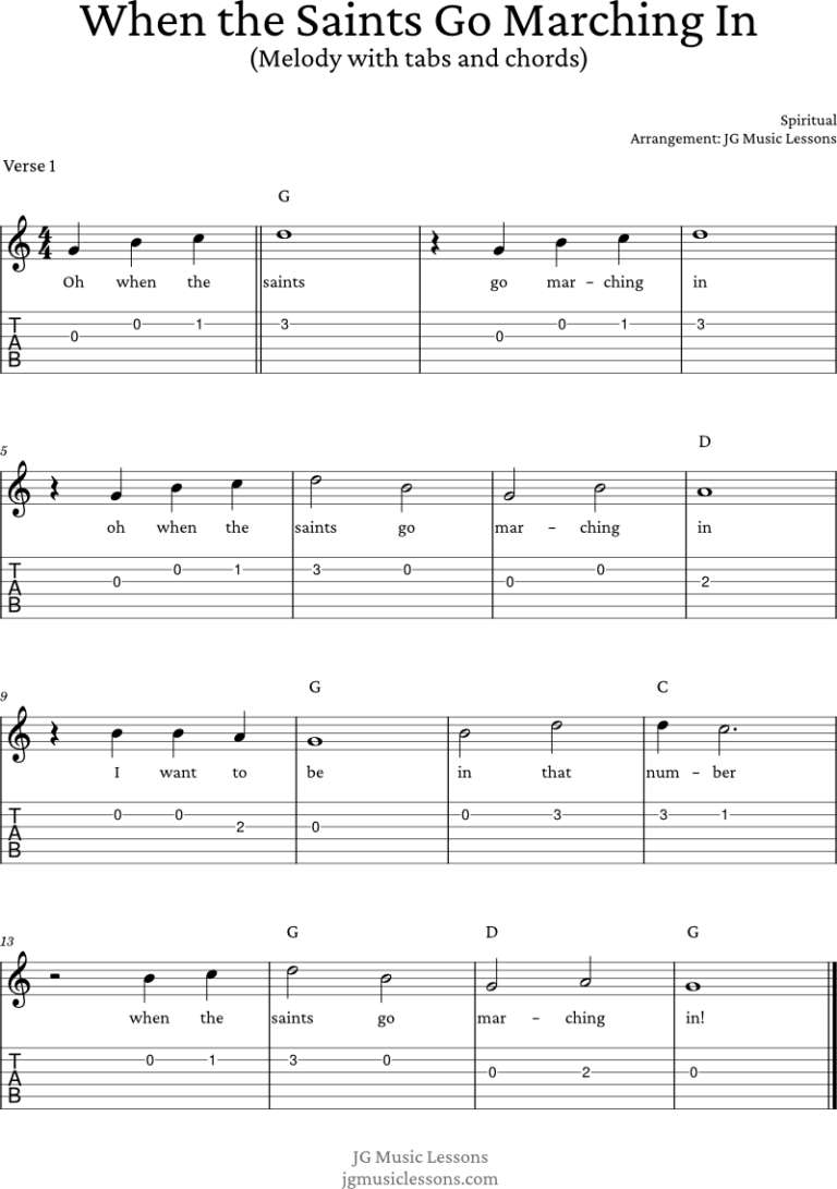 When the Saints Go Marching In - guitar tabs and chords - JG Music Lessons