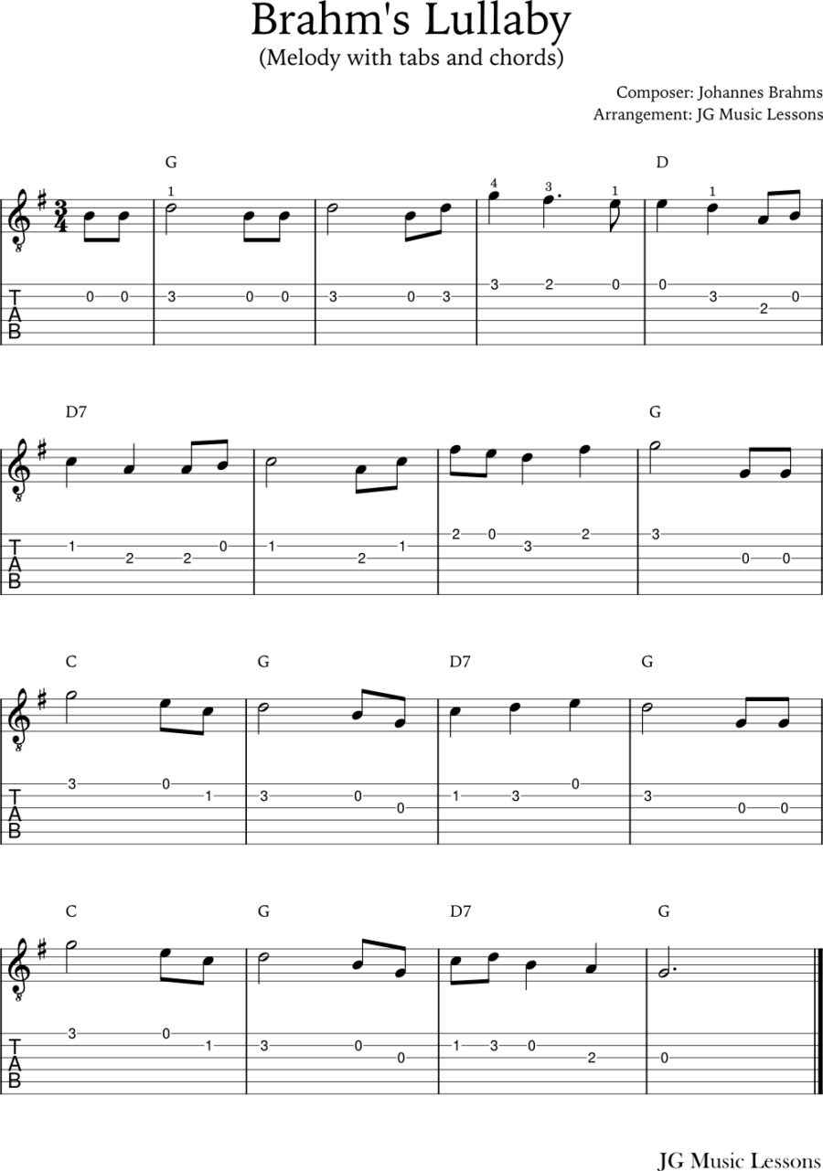 Brahms Lullaby - easy guitar tabs, chords and arrangement - JG Music ...