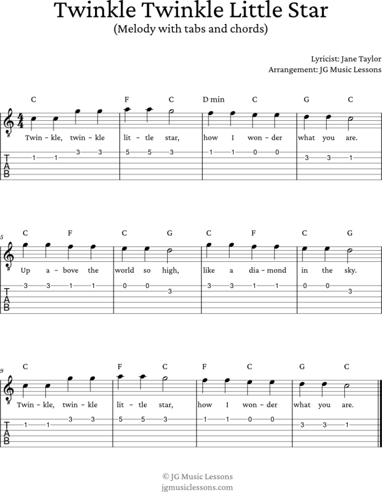 Twinkle Twinkle Little Star - easy guitar tabs, chords and arrangement ...