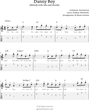 Danny Boy guitar tabs (chords, melody and arrangement) - JG Music Lessons