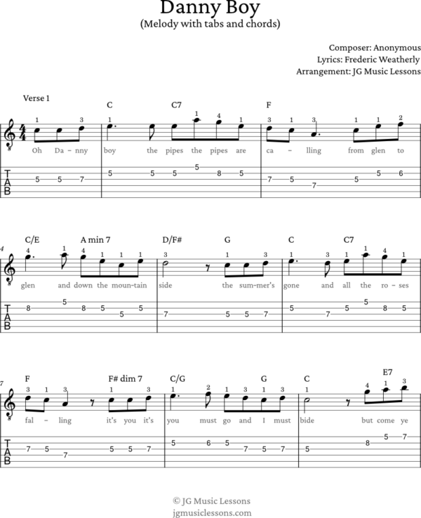 Danny Boy guitar tabs (chords, melody and arrangement) - JG Music Lessons