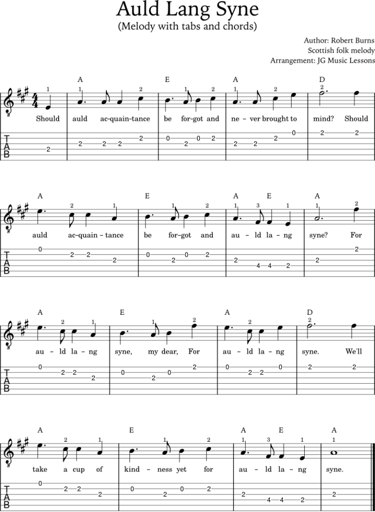 Auld Lang Syne guitar chords, tabs, and finger-style arrangement - JG Music Lessons