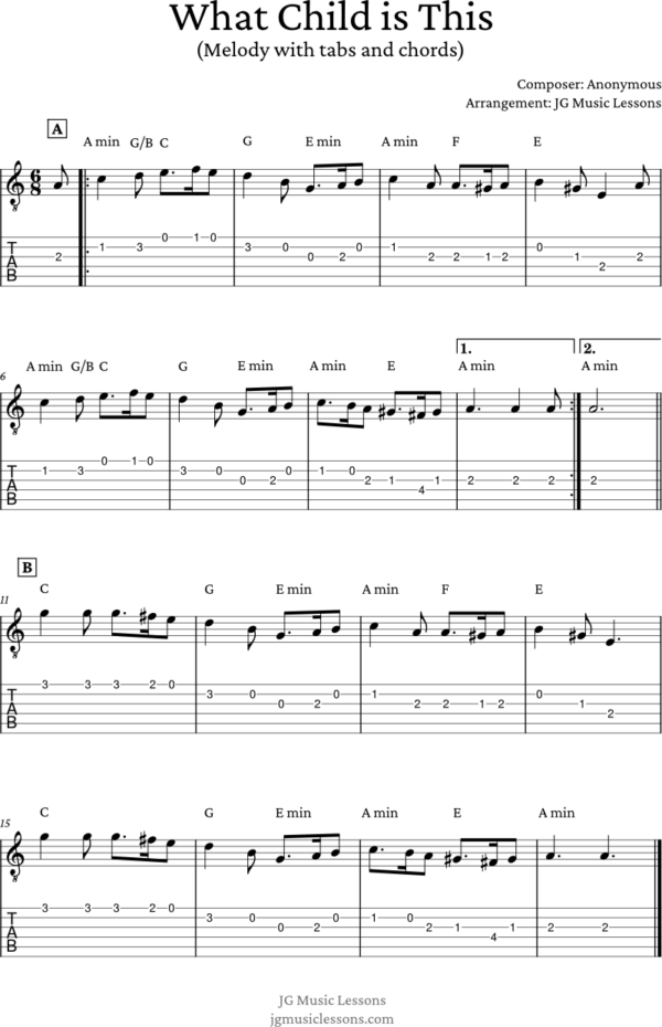 What Child Is This - guitar chords, melody with tabs, and fingerstyle ...