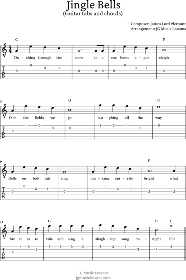 Jingle Bells - guitar chords, guitar tabs, and fingerstyle arrangement - JG Music Lessons