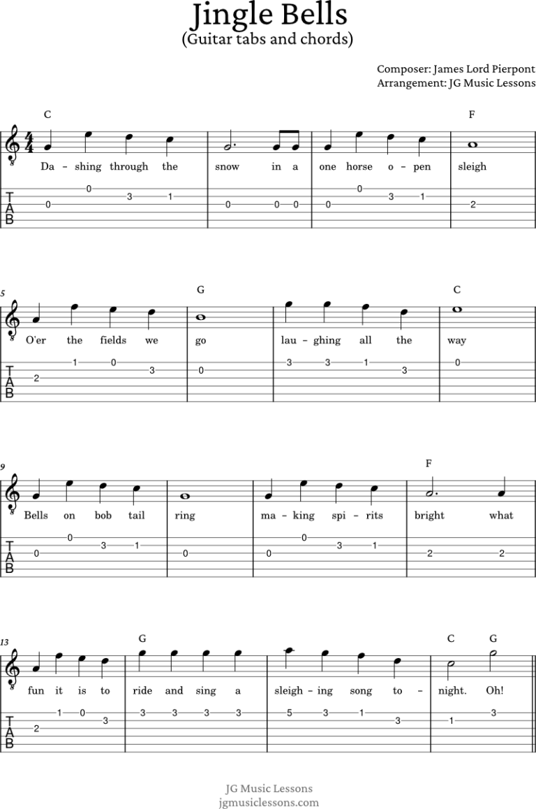 Jingle Bells - guitar chords, guitar tabs, and fingerstyle arrangement - JG Music Lessons