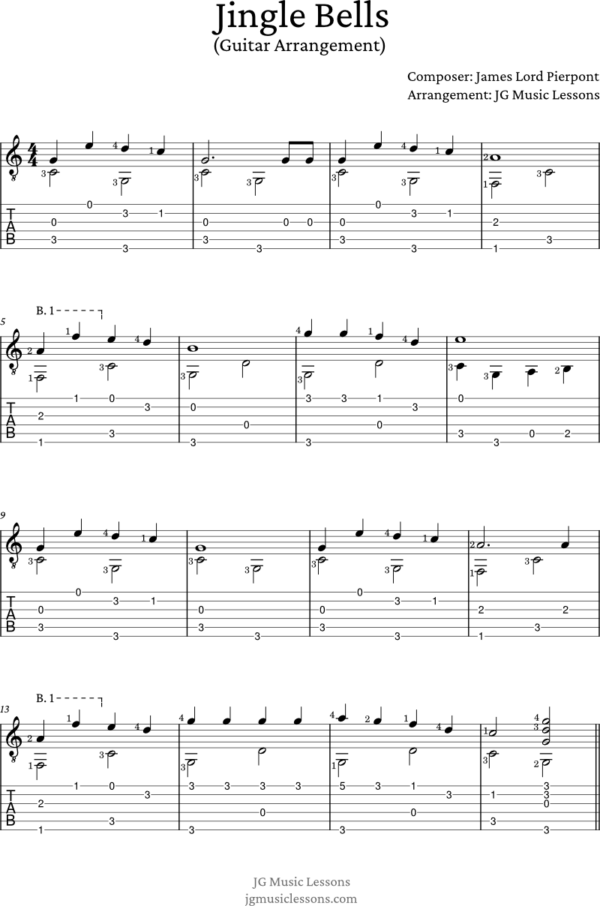 Jingle Bells - guitar chords, guitar tabs, and fingerstyle arrangement - JG Music Lessons