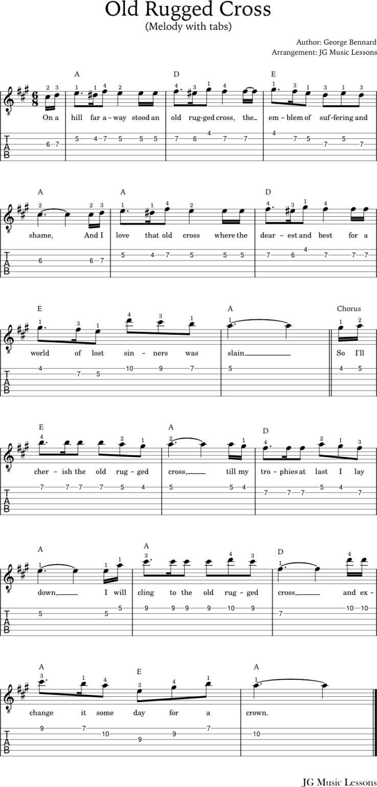 Old Rugged Cross (guitar chords, tabs, and arrangement) - JG Music Lessons