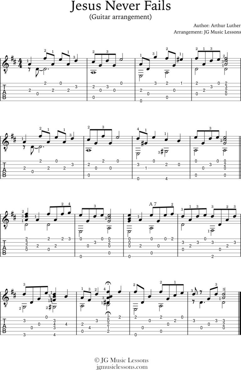 Jesus Never Fails guitar tabs, chords, and arrangement - JG Music Lessons