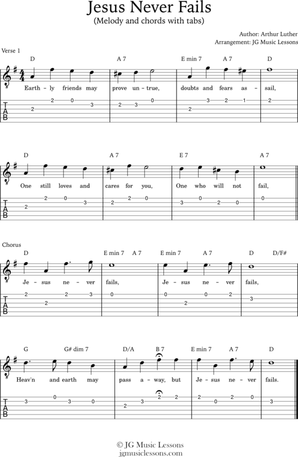 Jesus Never Fails guitar tabs, chords, and arrangement - JG Music Lessons