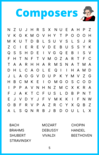 Music Word Search: Instruments, Artists, Songs, Composers, Music Theory ...