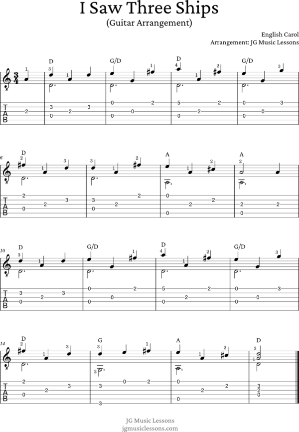 I Saw Three Ships - guitar chords, melody, and arrangement - JG Music ...