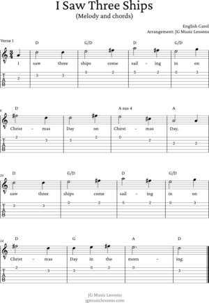 I Saw Three Ships - guitar chords, melody, and arrangement - JG Music ...