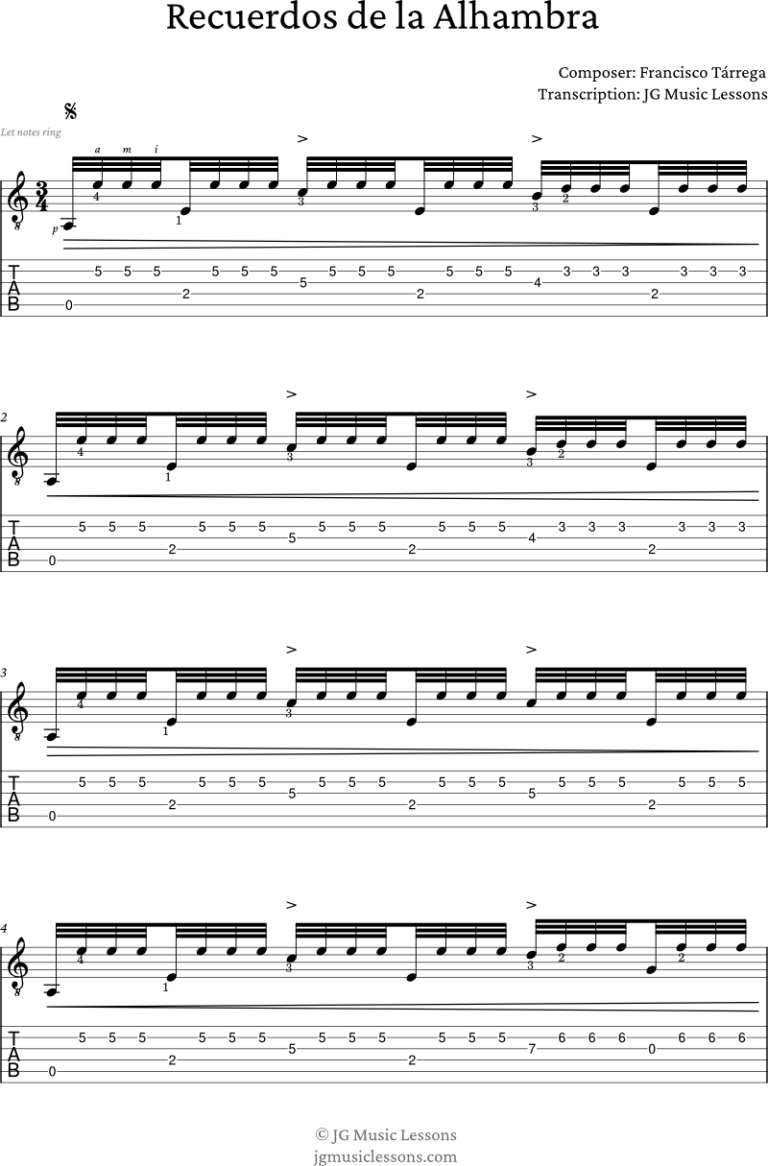 Recuerdos de la Alhambra by Tarrega (guitar tabs) - JG Music Lessons